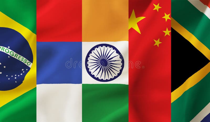 BRICS Country Flags Waving Against Blue Sky Stock Illustration ...