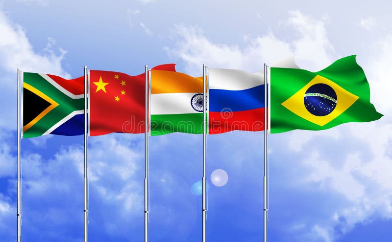 BRICS Country Flags Waving Against Blue Sky Stock Illustration ...
