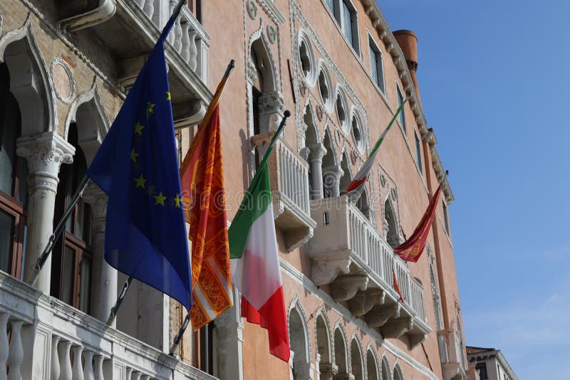 Flags on a Building in Italy in Summer Stock Image - Image of twilight ...
