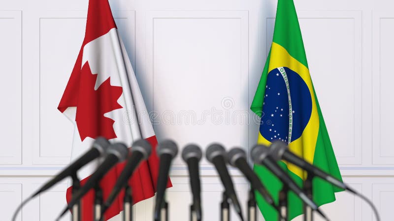 Flags of Canada and Brazil at International Meeting or Conference. 3D ...