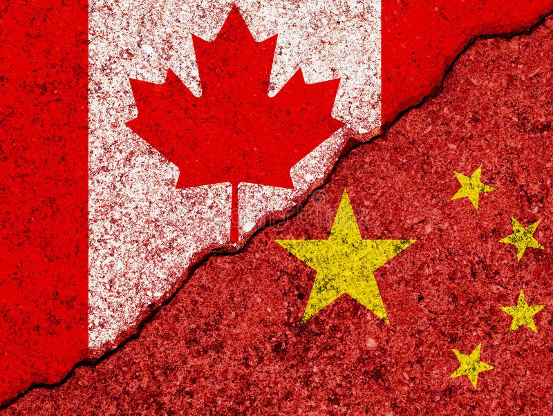 Flags of China and Canada Painted on Cracked Grunge Wall Background ...