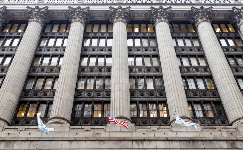 Flags and Columns on Massive Chicago Building Stock Photo - Image of ...