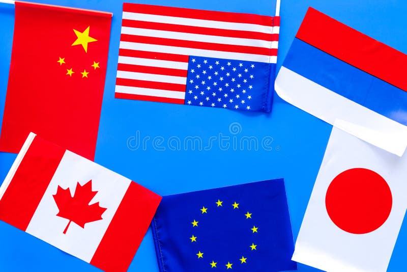 Country Cooperation, Country Relations. Flags of Counties on Blue ...