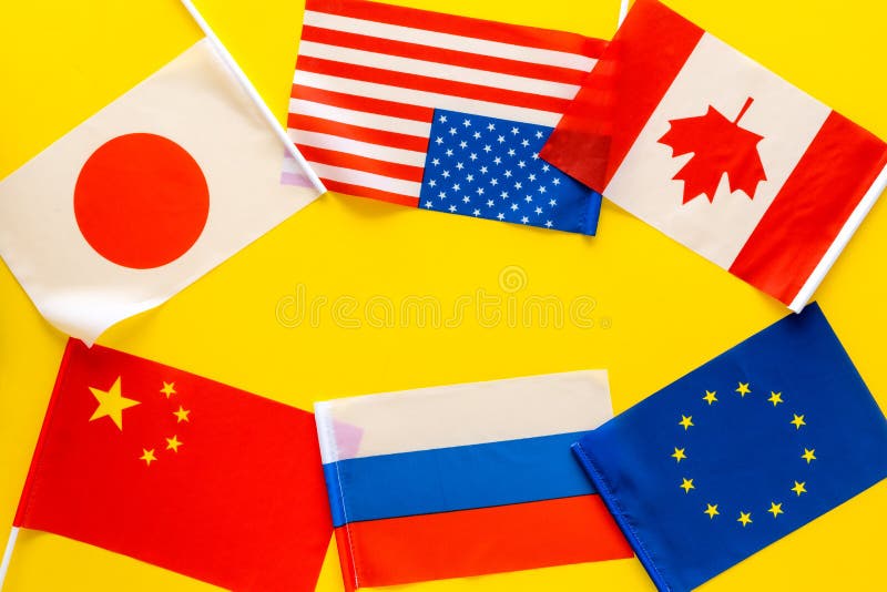Country Cooperation, Country Relations. Flags of Counties on Yellow ...