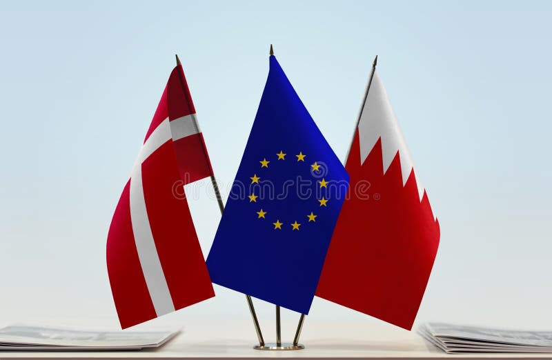 Flags of Denmark EU and Bahrain Stock Image - Image of europe, flagpole ...