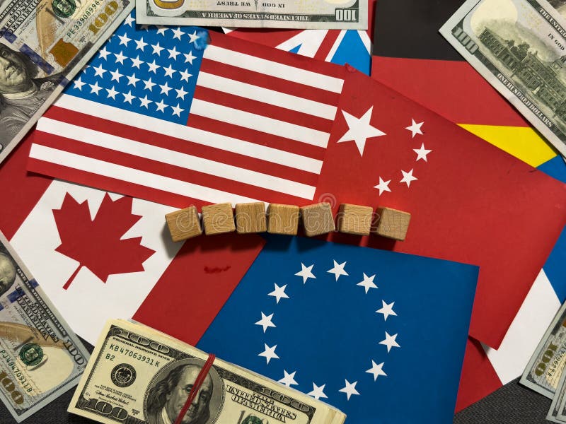 Flags of Different Countries with American Dollar Bills Background ...