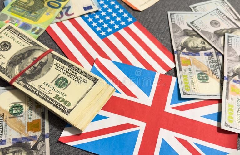 Flags of Different Countries with American Dollar Bills Background ...