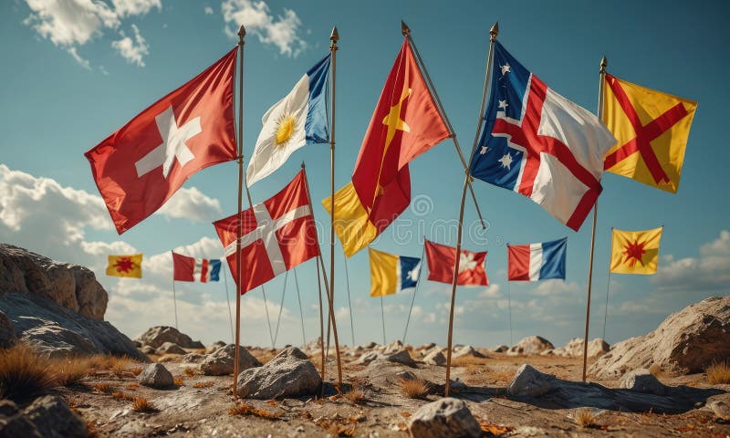 Flags of Different Countries are Flying on Poles in the Air. the Flags ...