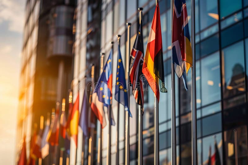 Flags of Different Countries in Front of Modern Building. Stock Photo ...