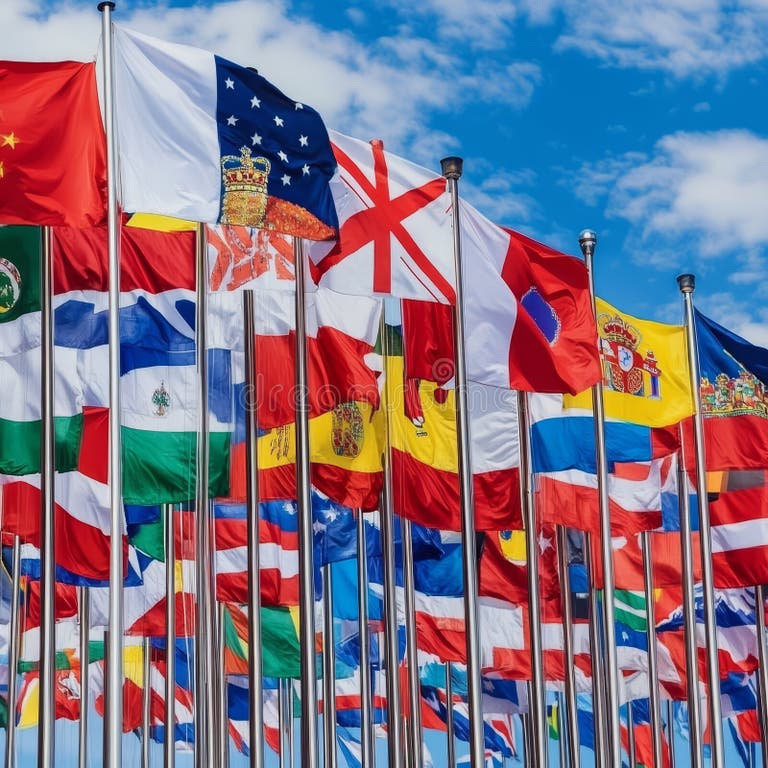 Flags of Different Countries Waving in the Wind on a Background of Blue ...