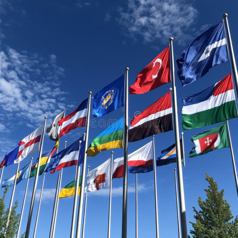 Flags of Different Countries Waving in the Wind on Blue Sky Background ...