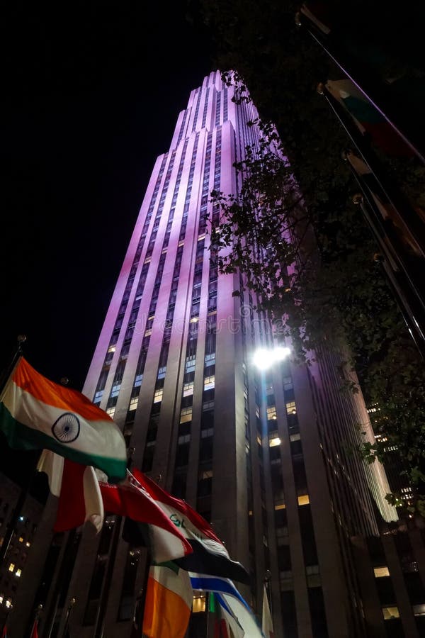 Flags of Different Nations in Front of Rockefeller Center at Night ...