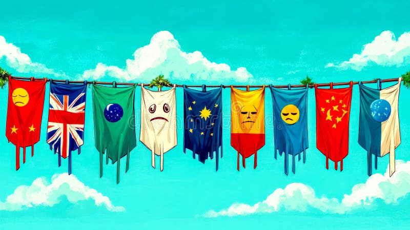 Flags of Different Nations Hanging on a Clothesline with Sad Faces ...