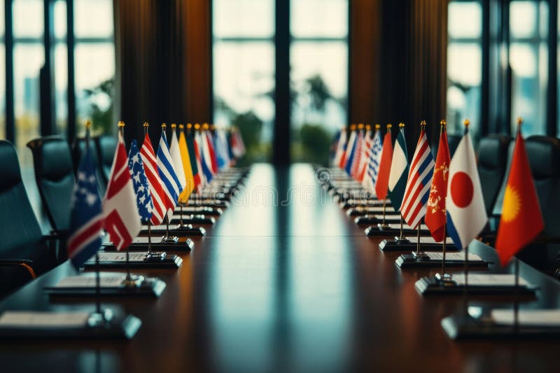 Mini Flags of Various Countries Arranged on a Negotiation Table for an ...