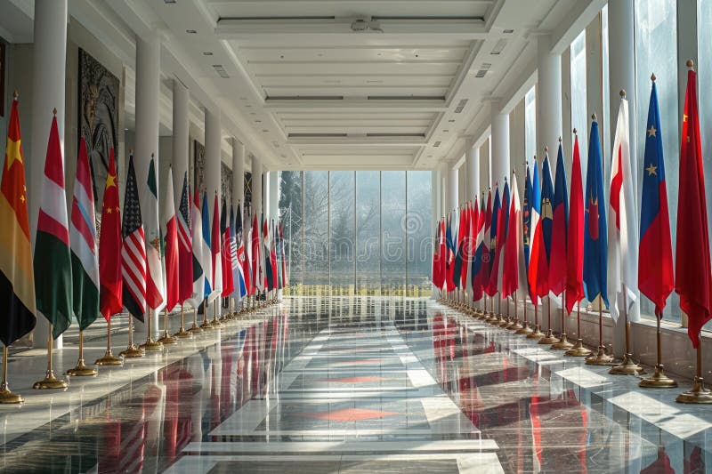 The Flags of Diverse Nations Line the Spacious Corridor of a Diplomatic ...