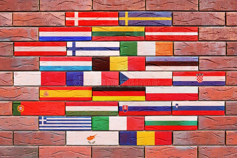 Flags of the EU Countries on the Brick Wall. a Wall of Bricks with ...