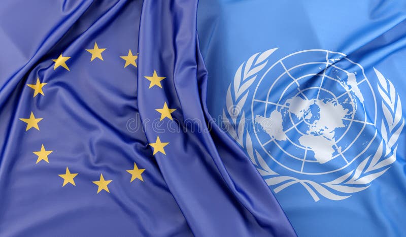 European Union and United Nations Flags Waving Together. 3D Rendering ...