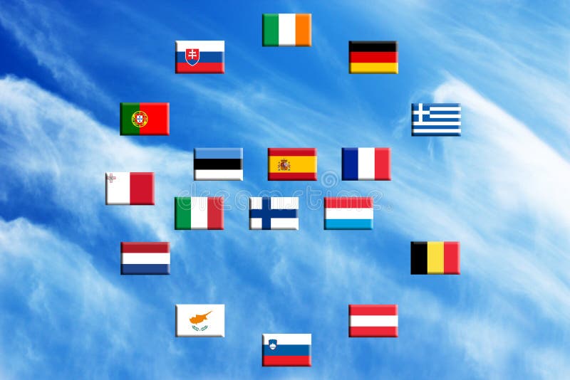 Flags of Eurozone Countries Against the Sky Stock Photo - Image of ...