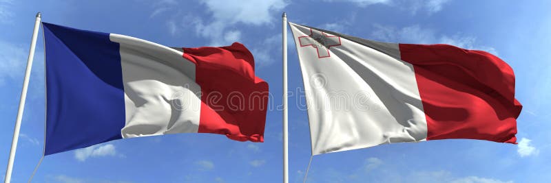 Flags of France and Malta on Flagpoles. 3d Rendering Stock Illustration ...
