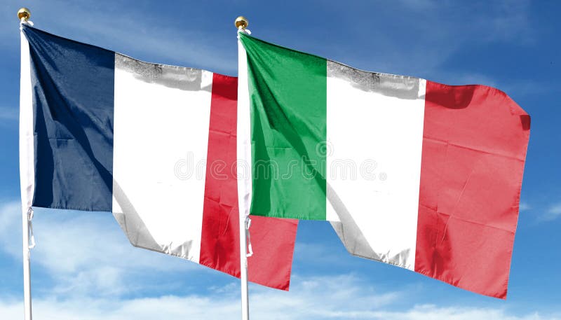Flags of French Flag and Italian Flag Against Cloudy Sky Stock Photo ...