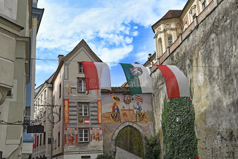 Flags in Front of a Gate Entrance in Castle Lamberg Steyr Stock Image ...