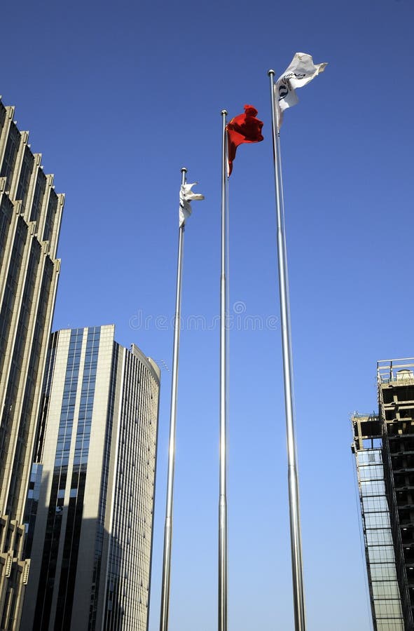 Flags In Front Of The Office Building Stock Image - Image of building ...