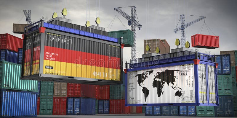 Flags of Germany and World Map on Cargo Containers - International ...