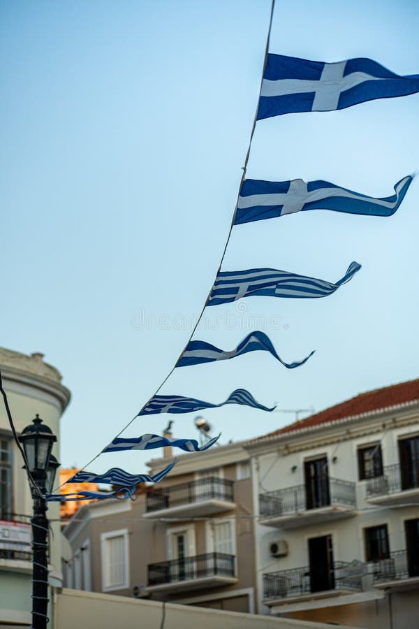 Greek flags in the city stock photo. Image of flag, athen - 274894486