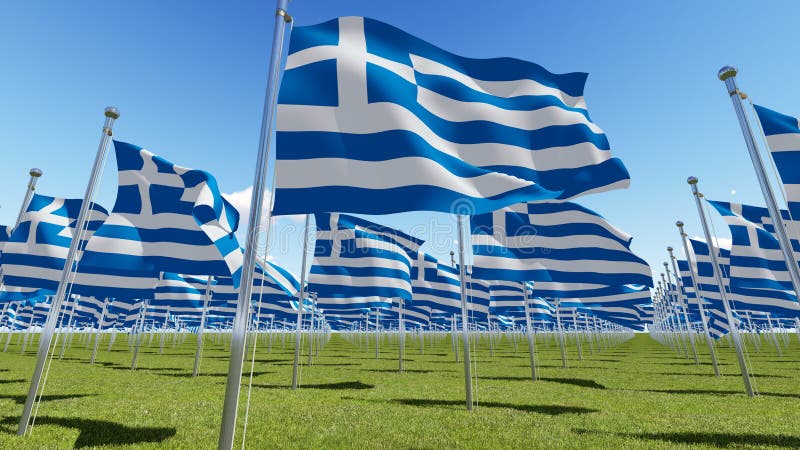 Flags of Greece in Green Field Against Blue Sky. Stock Illustration ...