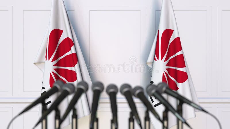 Flags with Huawei Logo at Press Conference. Conceptual Editorial 3D ...