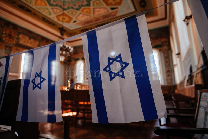 Flags of Israel Inside the Synagogue Stock Photo - Image of testament ...