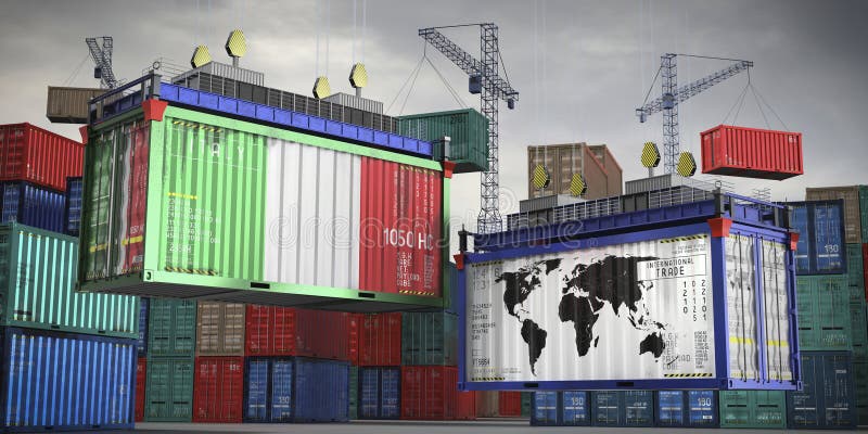 Flags of Italy and World Map on Cargo Containers - International Trade ...