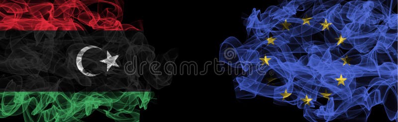 Flags of Libya and EU on Black Background, Libya Vs Europe Union Smoke ...