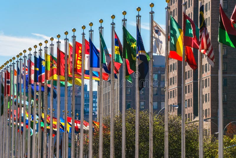 UN Flags in Front of United Nations Building in New York City Editorial ...