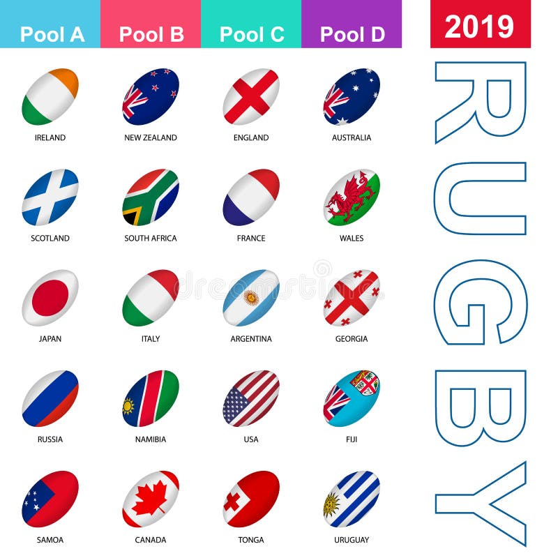Flags of the Nations Participating in Rugby 2019. 20 Flags in the Style ...