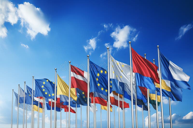 Flags of Nations Proudly Waving Under a Bright Blue Sky in Unity ...