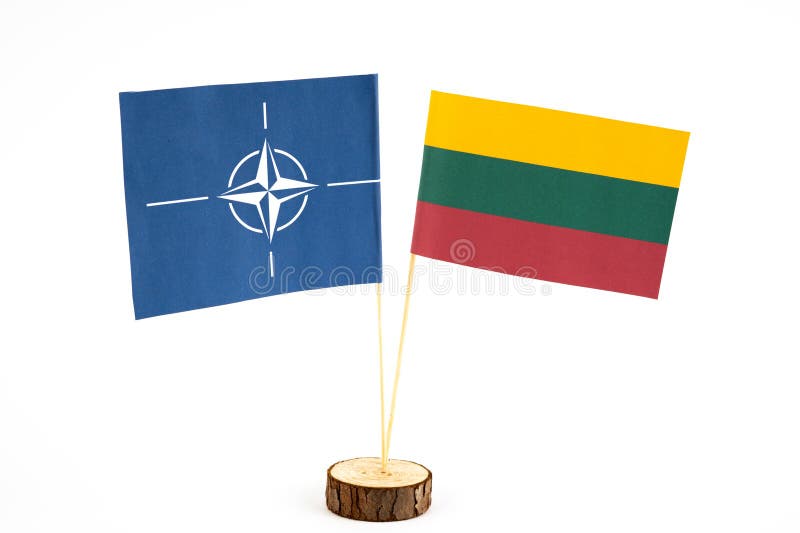 Flags of NATO, Lithuania, Ukraine and Russia. NATO Summit in Vilnius ...