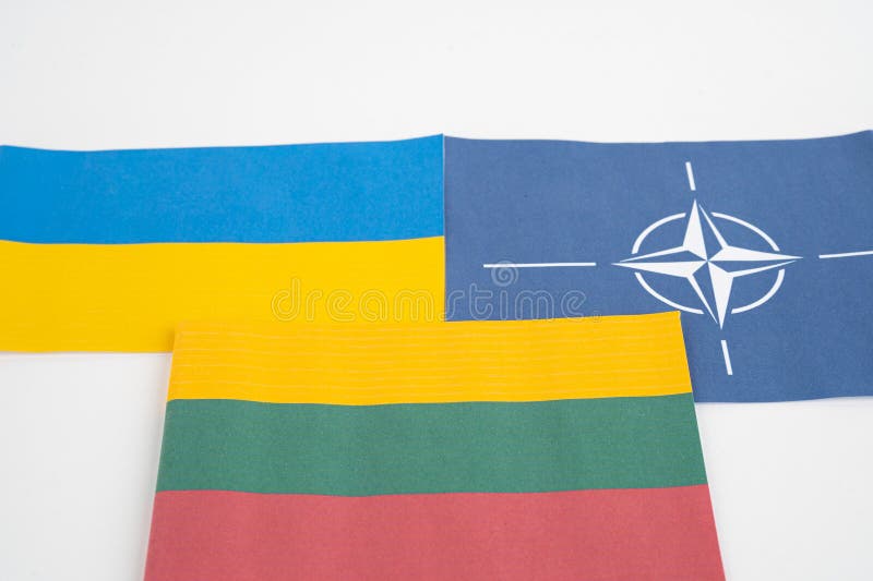 Flags of NATO, Lithuania, Ukraine and Russia. NATO Summit in Vilnius ...