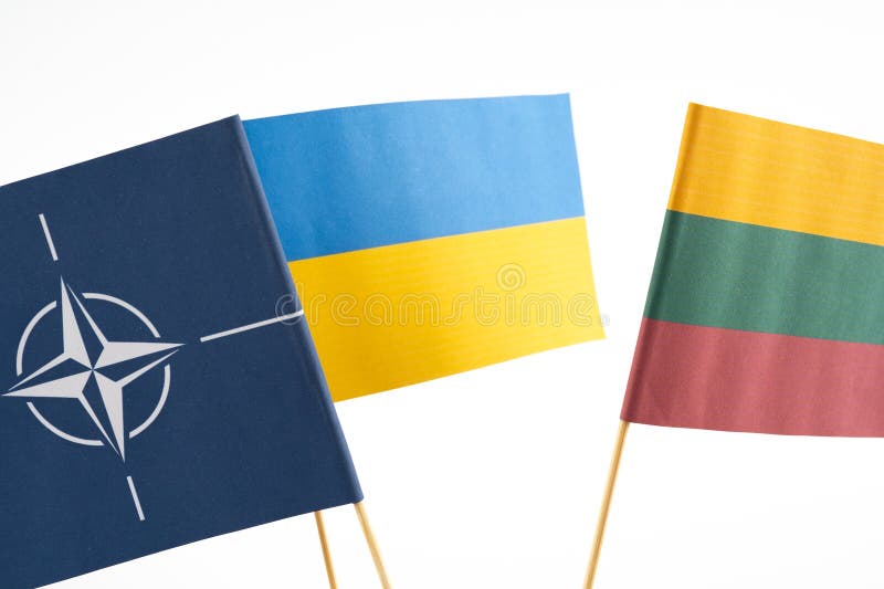 Flags of NATO, Lithuania, Ukraine and Russia. NATO Summit in Vilnius ...