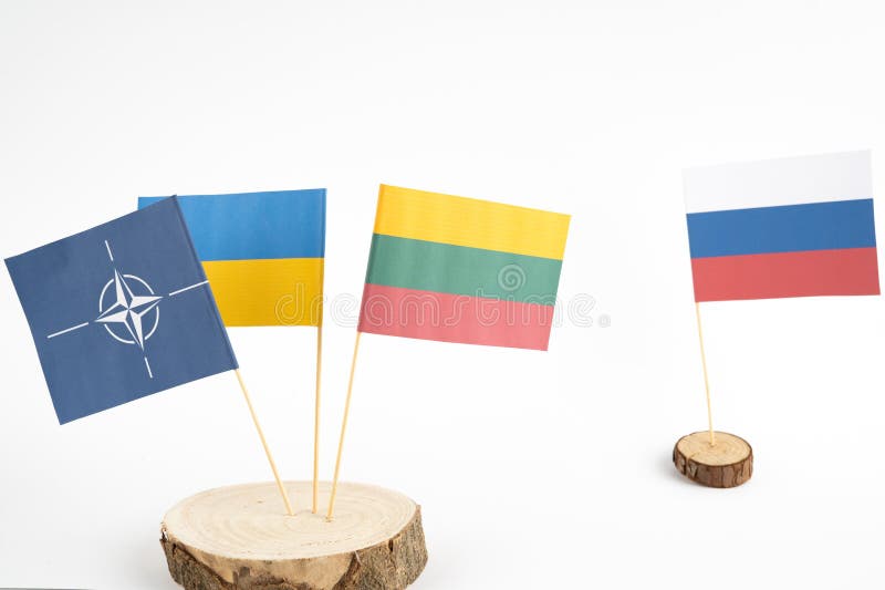 Flags of NATO, Lithuania, Ukraine and Russia. NATO Summit in Vilnius ...