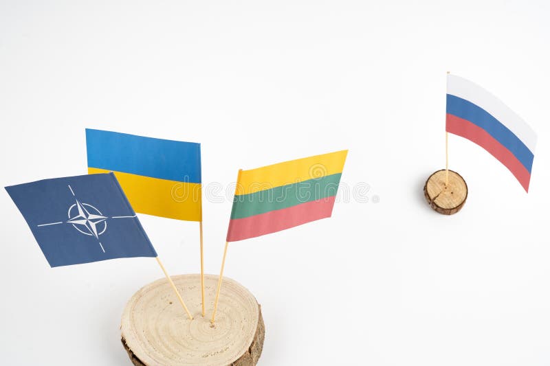 Flags of NATO, Lithuania, Ukraine and Russia. NATO Summit in Vilnius ...