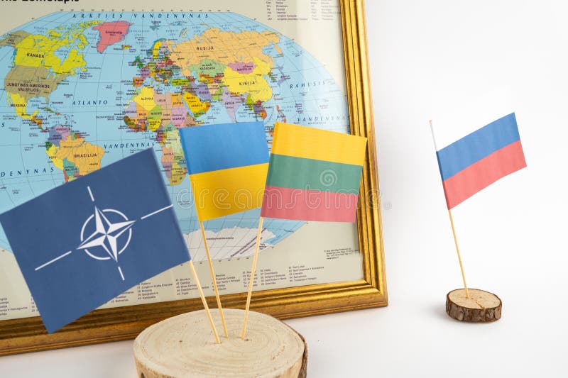 Flags of NATO, Lithuania, Ukraine and Russia. NATO Summit in Vilnius ...