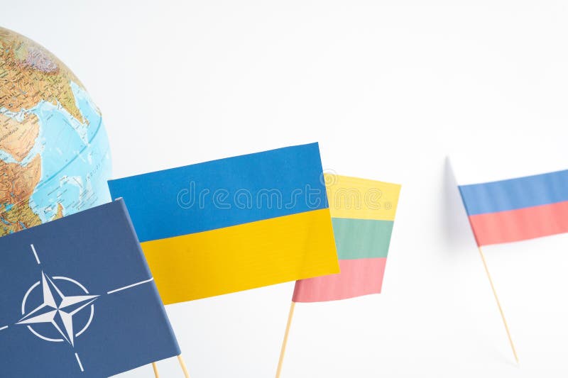 Flags of NATO, Lithuania, Ukraine and Russia. NATO Summit in Vilnius ...