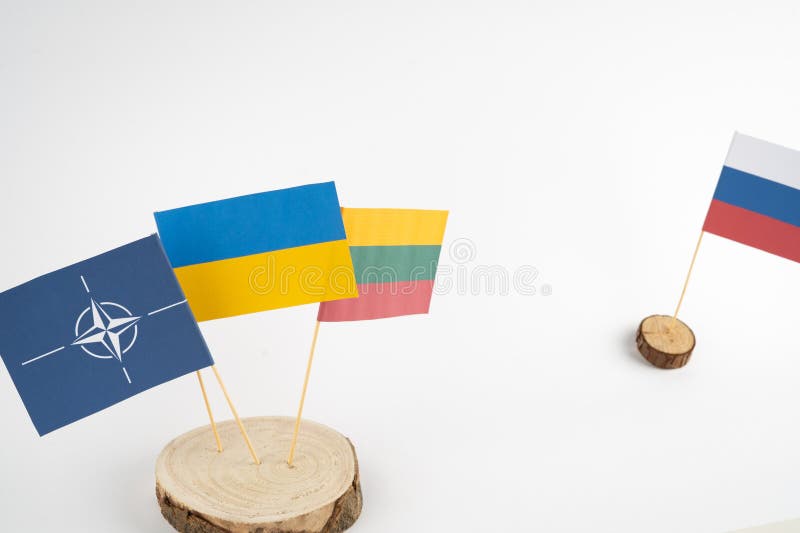 Flags of NATO, Lithuania, Ukraine and Russia. NATO Summit in Vilnius ...