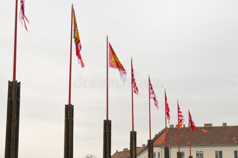 Flags Near Buda Castle in Budapest on December 30, 2017. Editorial ...