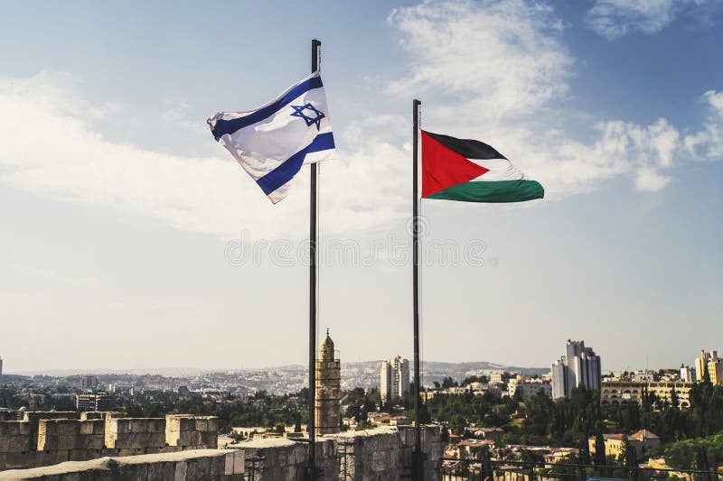 Flags of Palestine and Israel Against Sky and Old Jerusalem. Two States ...