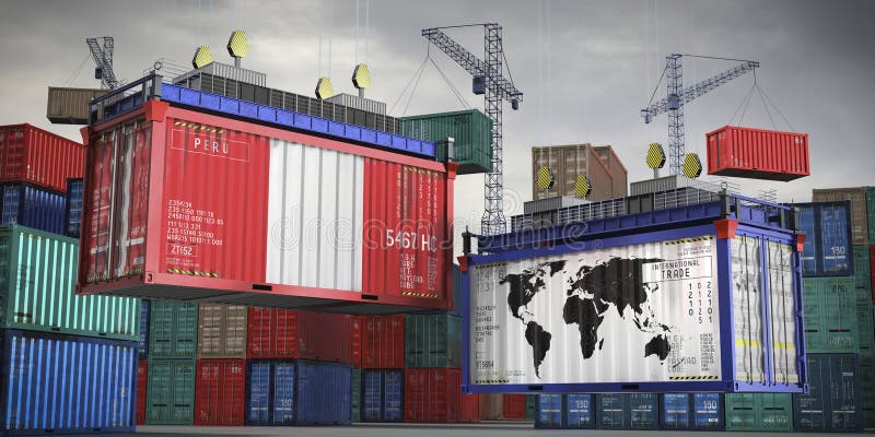 Flags of Peru and World Map on Cargo Containers - International Trade ...