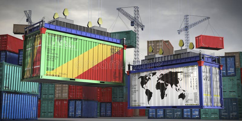 Flags of Republic of the Congo and World Map on Cargo Containers ...