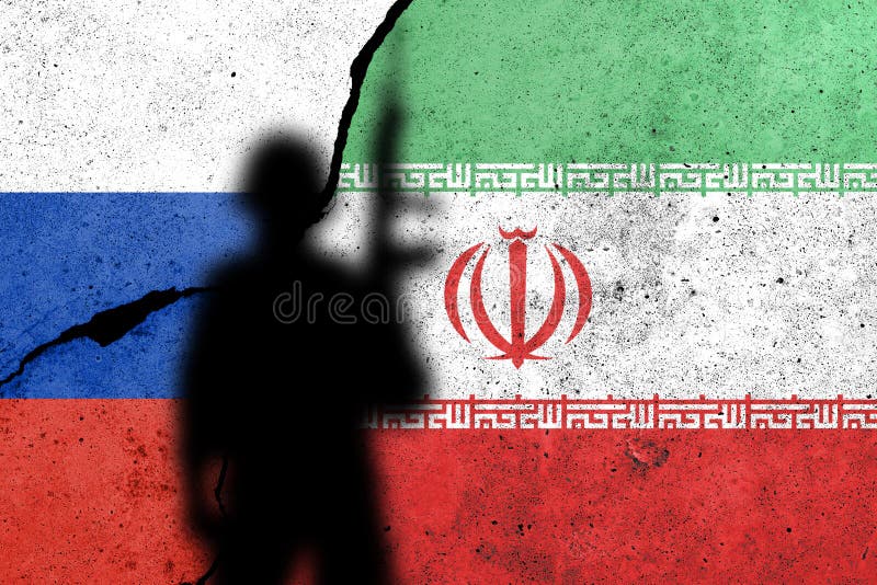 Flags of Russia and Iran Painted on the Concrete Wall with Soldier ...