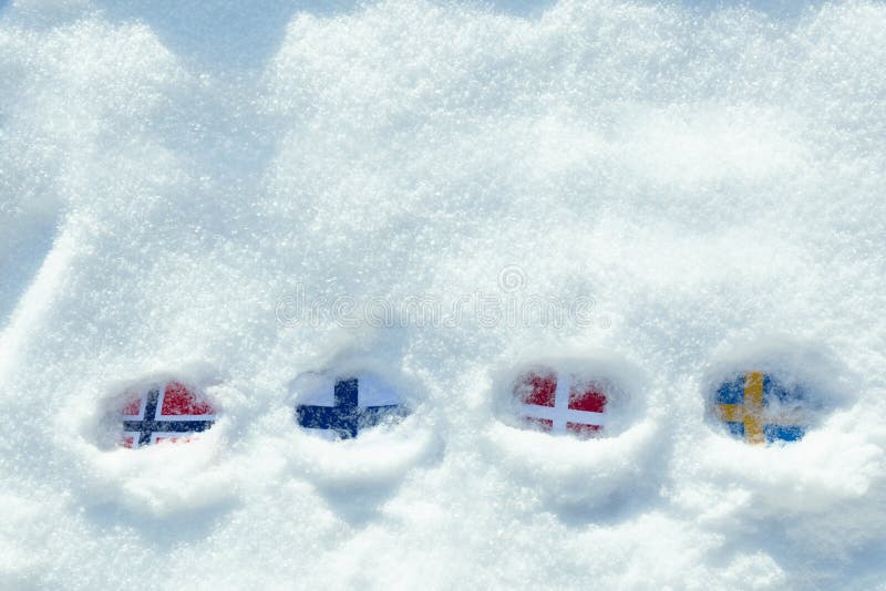 Flags of the Scandinavian Countries in the Snowdrift. Stock Image ...